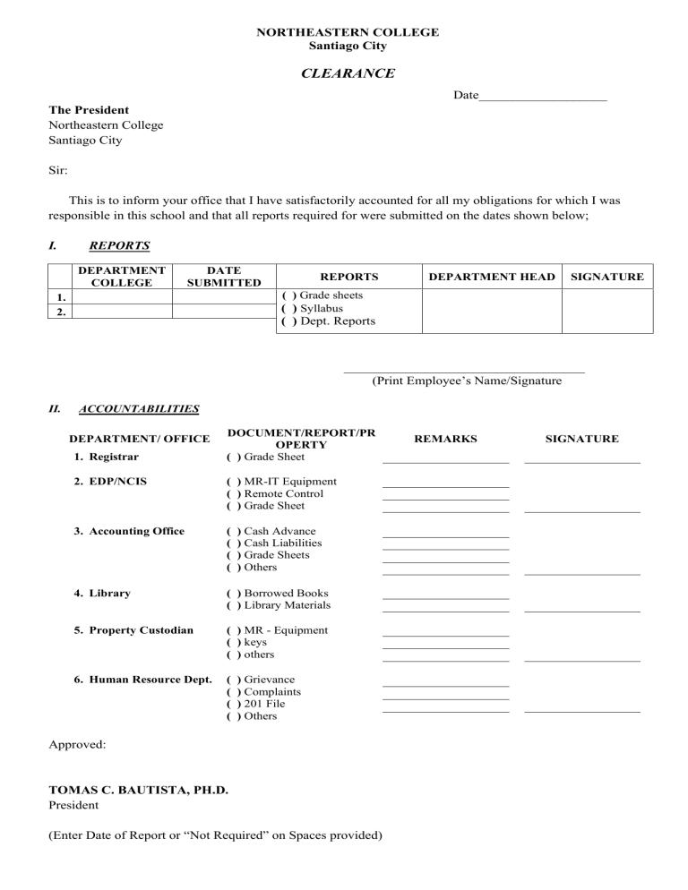Northeastern College Clearance Form
