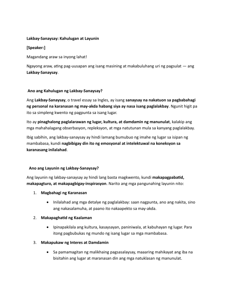 Lakbay-Sanaysay: Definition and Purpose of Travel Essays