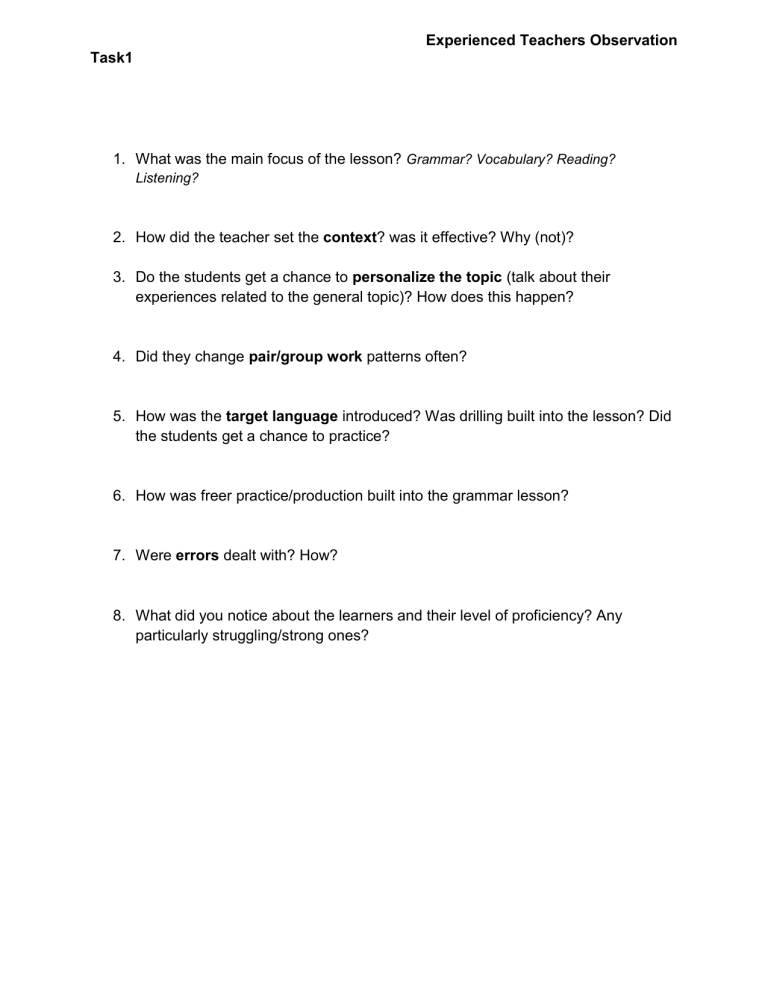 Teacher Observation Checklist: Lesson Analysis