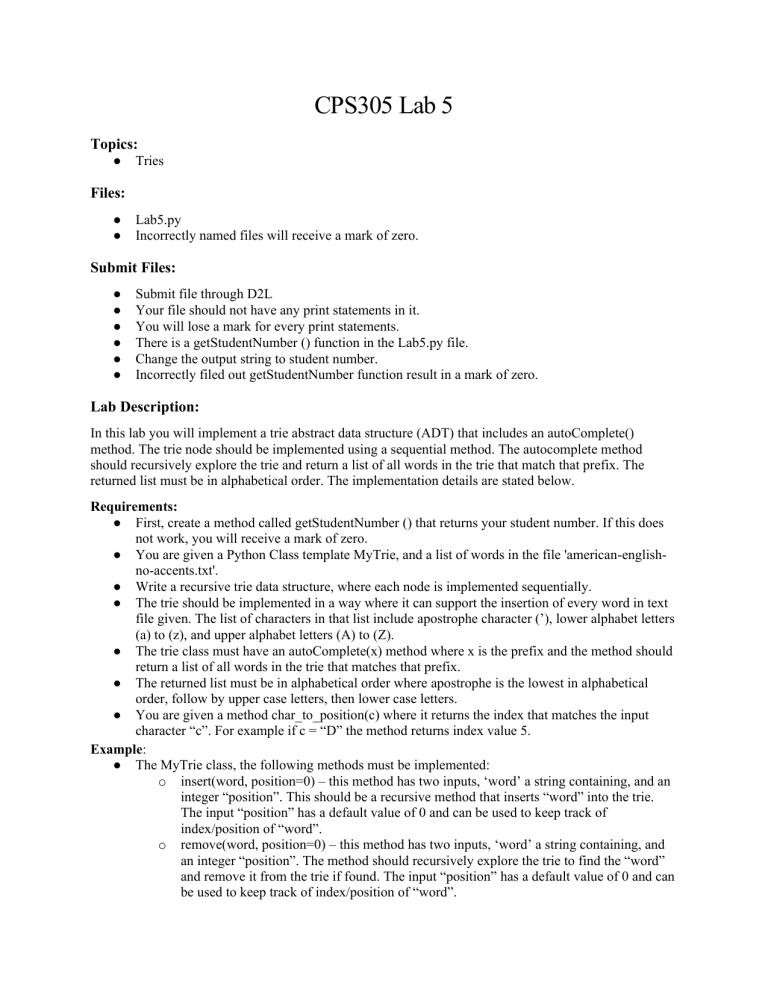 CPS305 Lab 5: Trie Implementation & Autocomplete