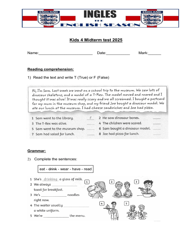 Kids English Test: Reading, Grammar, Vocabulary