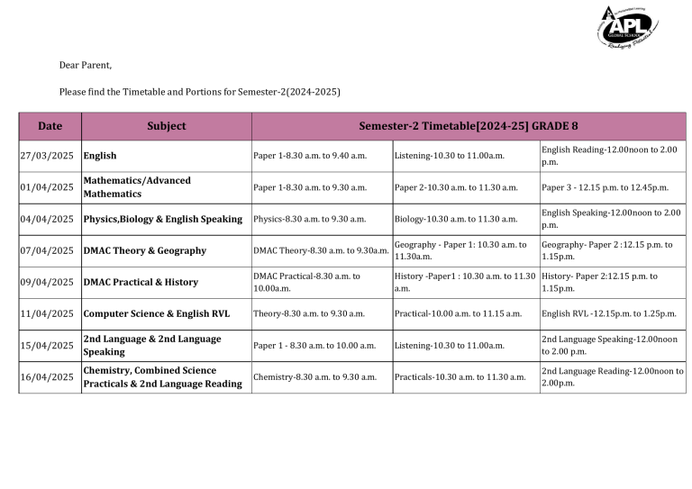 Grade 8 Semester 2 Timetable & Portions (2024-25)