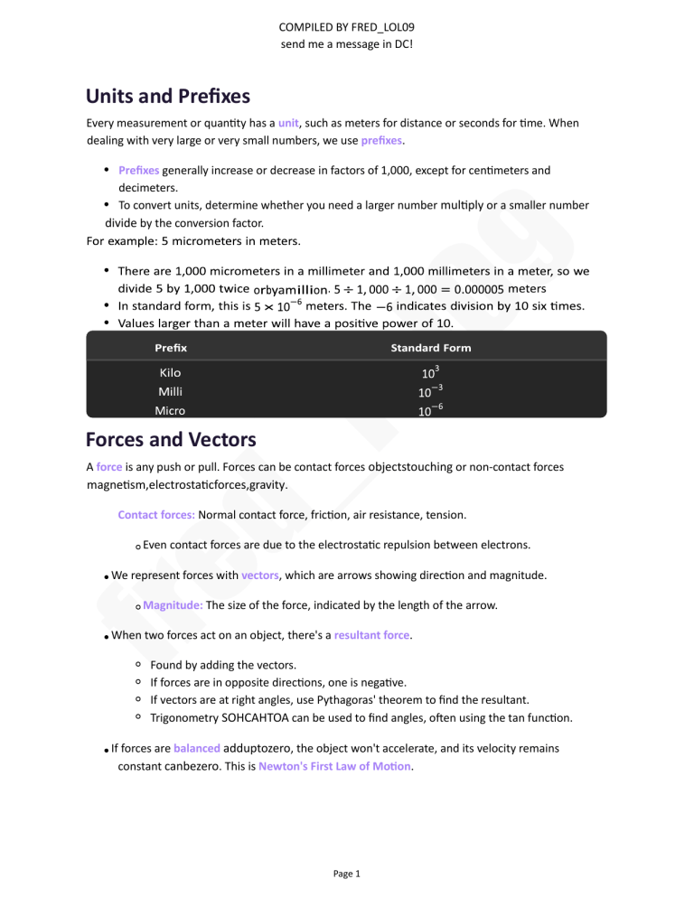 Physics Study Notes: Mechanics, Forces, Motion