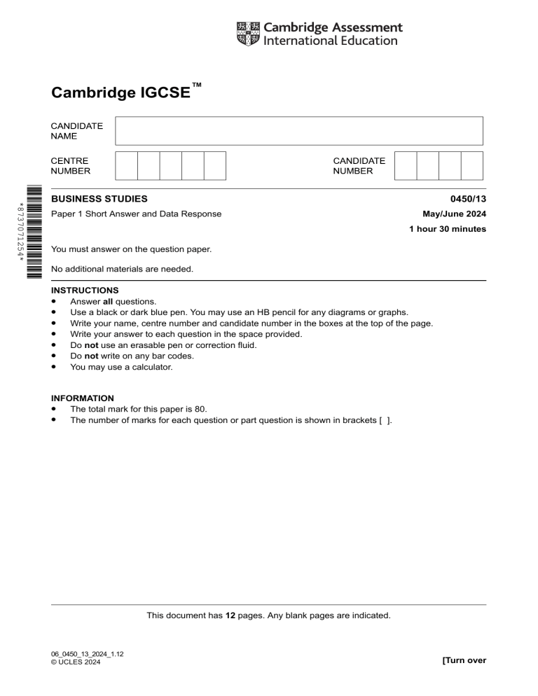 Cambridge IGCSE Business Studies Paper 1 Exam