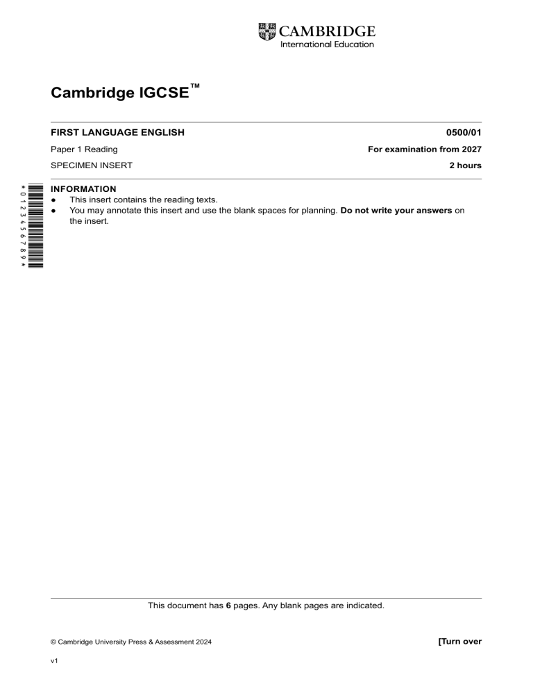 IGCSE English Reading Paper 1 Specimen Insert