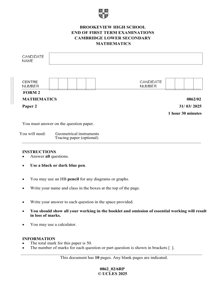 Form 2 Mathematics Exam Paper - Cambridge Lower Secondary
