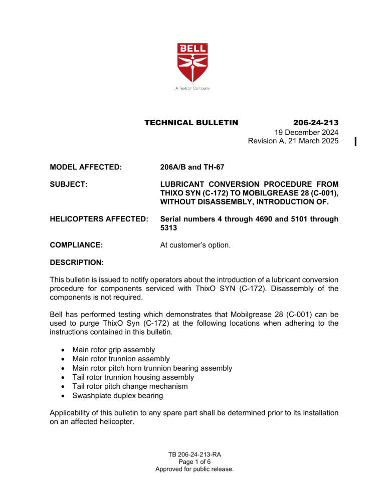 Helicopter Lubricant Conversion: ThixO SYN to Mobilgrease 28