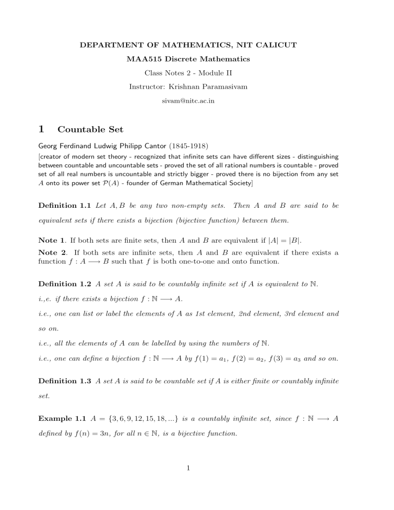 Countable Sets: Discrete Math Class Notes
