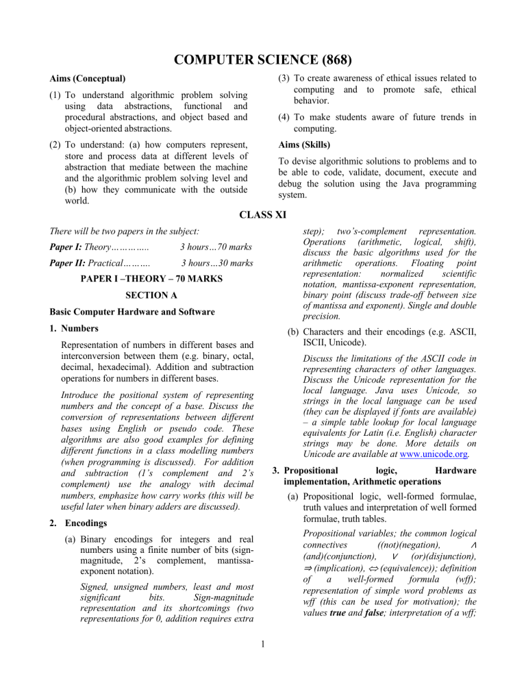 Computer Science Class XI Syllabus (868)