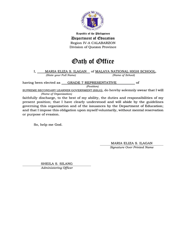 Oath of Office: Student Government Representative