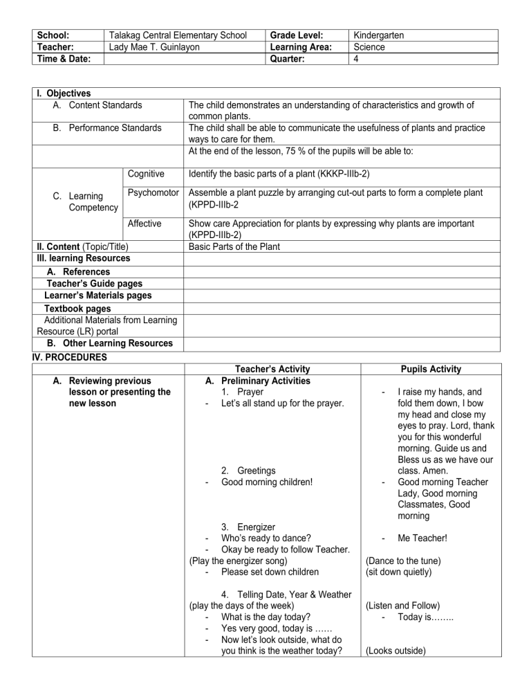 Kindergarten Science: Basic Parts of a Plant Lesson Plan