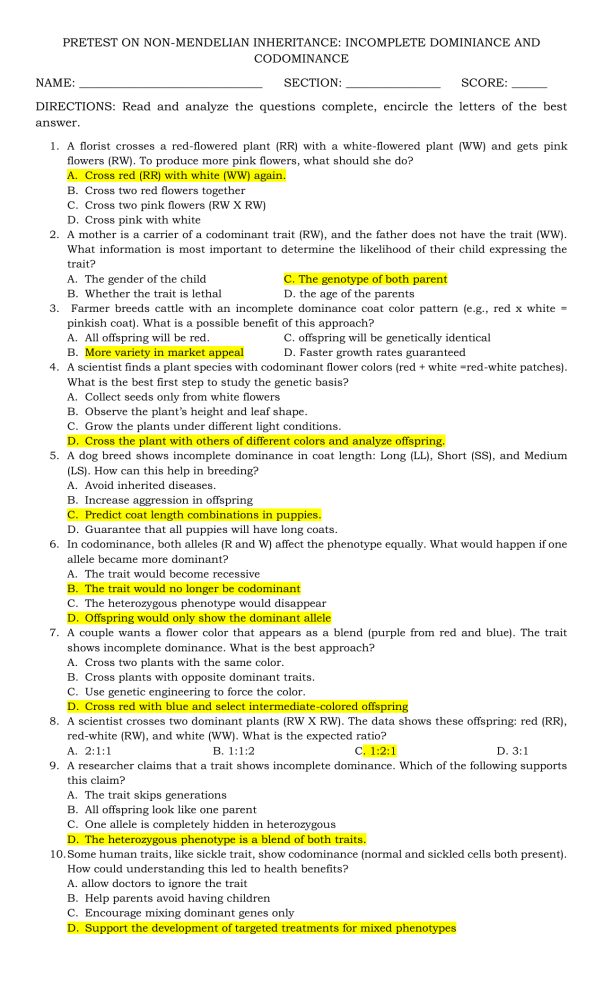 Non-Mendelian Inheritance Pretest: Incomplete & Codominance