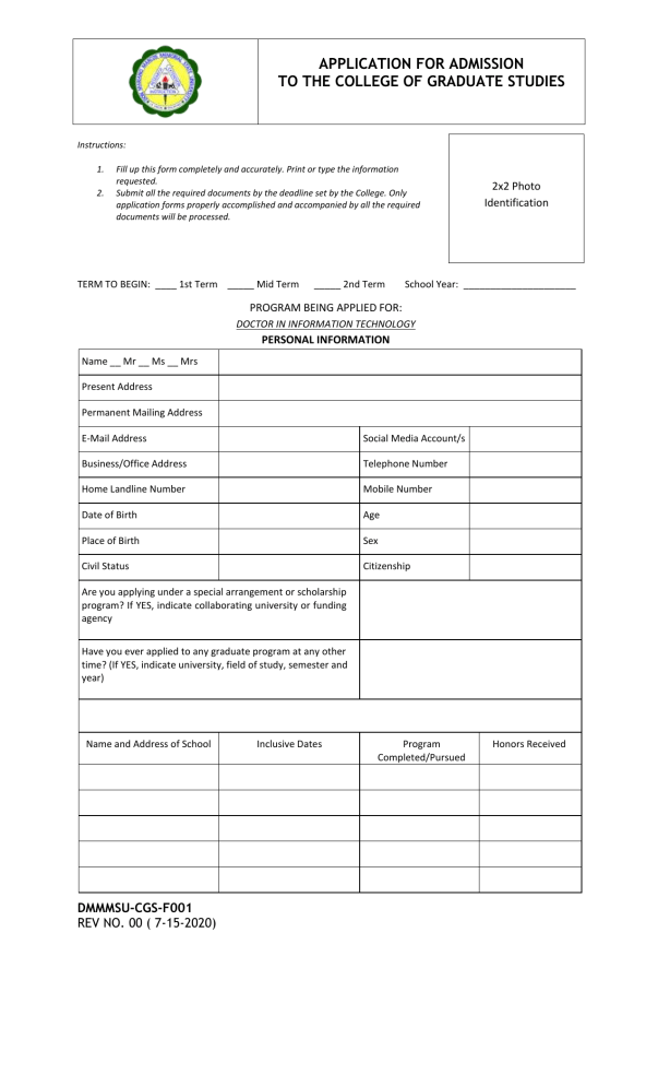 Graduate Studies Application Form - Information Technology