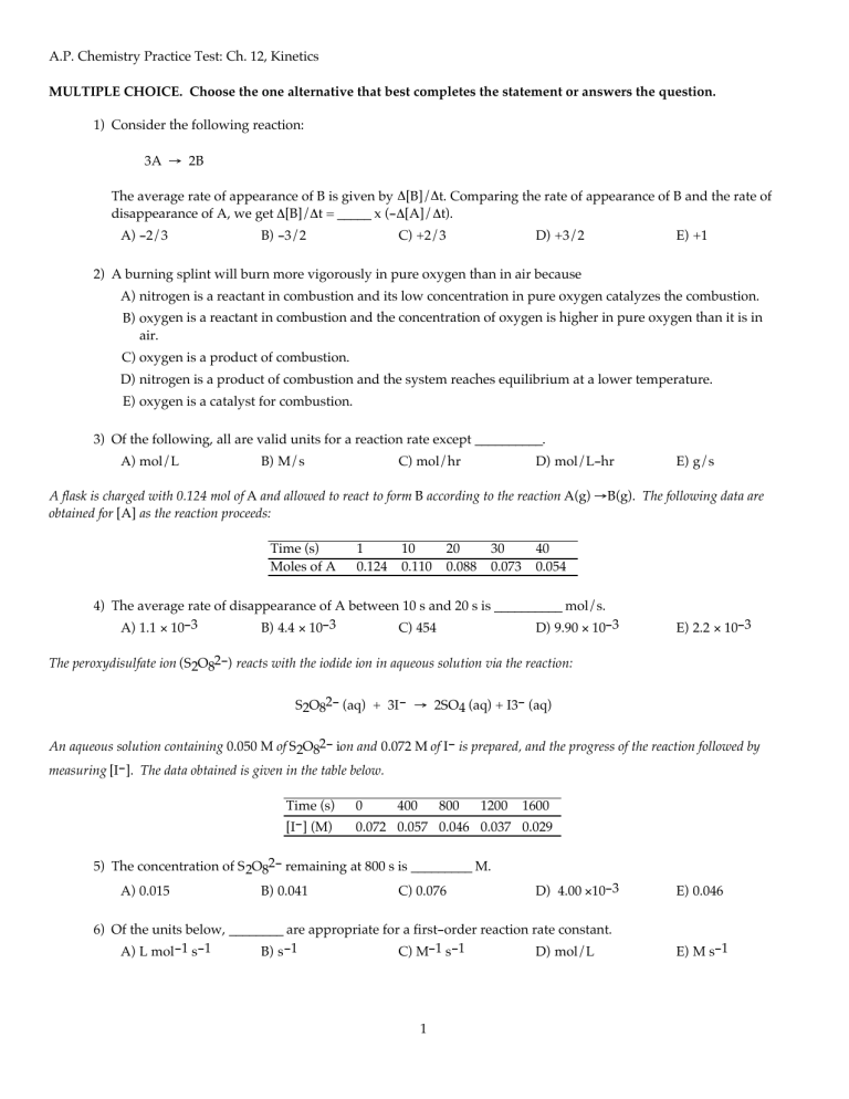 AP Chemistry Kinetics Practice Test - Chapter 12 Multiple Choice