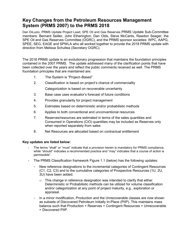 PRMS 2007 to 2018 Key Changes: Resource Management