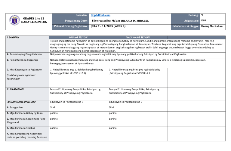 Grade 9 ESP Daily Lesson Log: Political Society & Solidarity