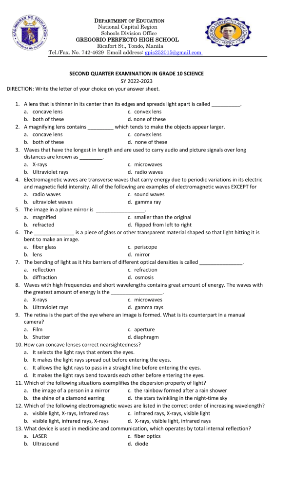 Grade 10 Science Exam: Optics & EM Waves