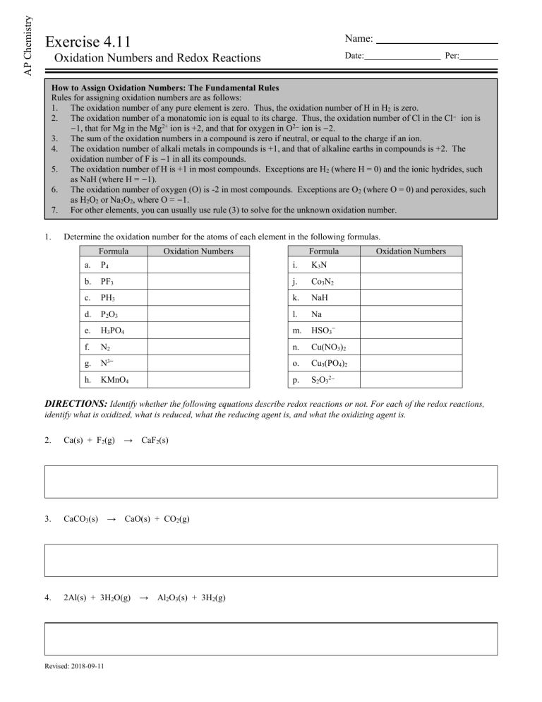 Oxidation Numbers & Redox Reactions Worksheet