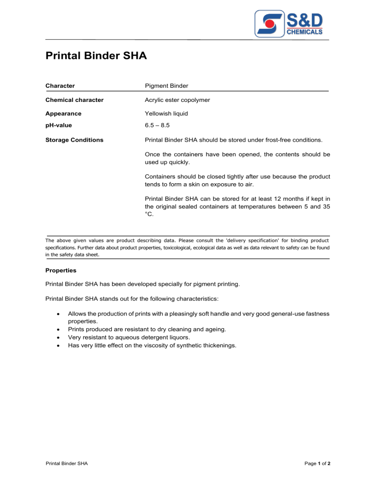 Printal Binder SHA: Pigment Binder Technical Data