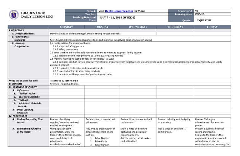 Grade 6 EPP-HE Sewing Daily Lesson Log