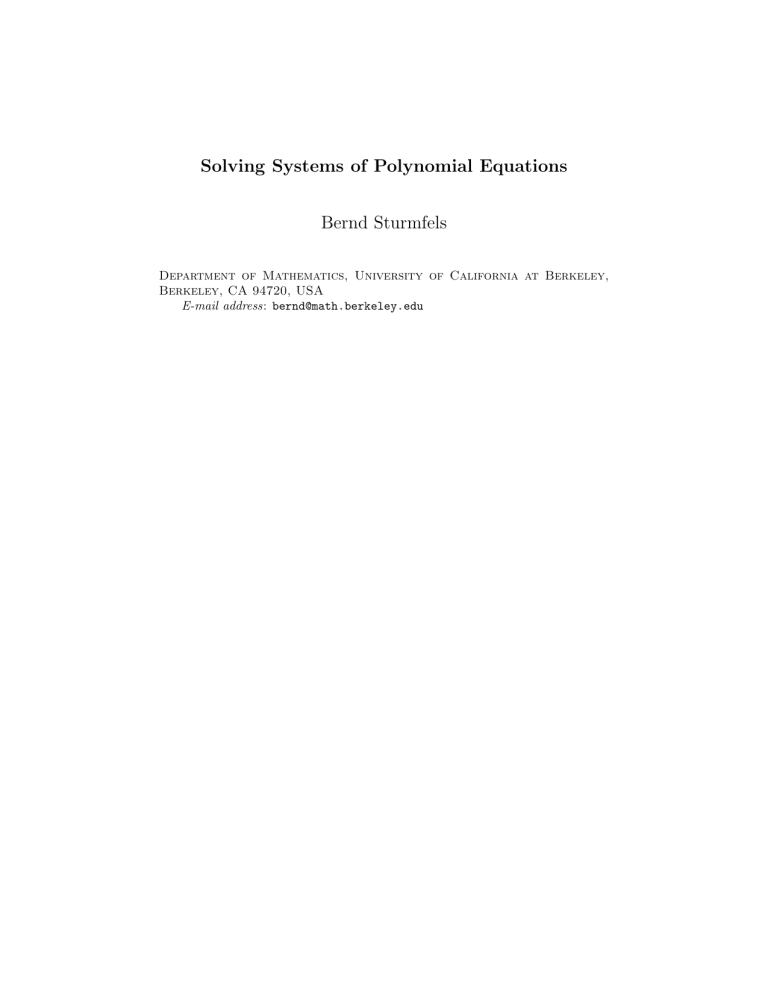 Solving Polynomial Equations: Sturmfels' Lecture Notes
