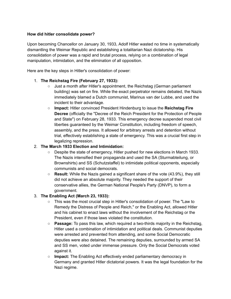 Hitler's Consolidation of Power: Key Events & Analysis