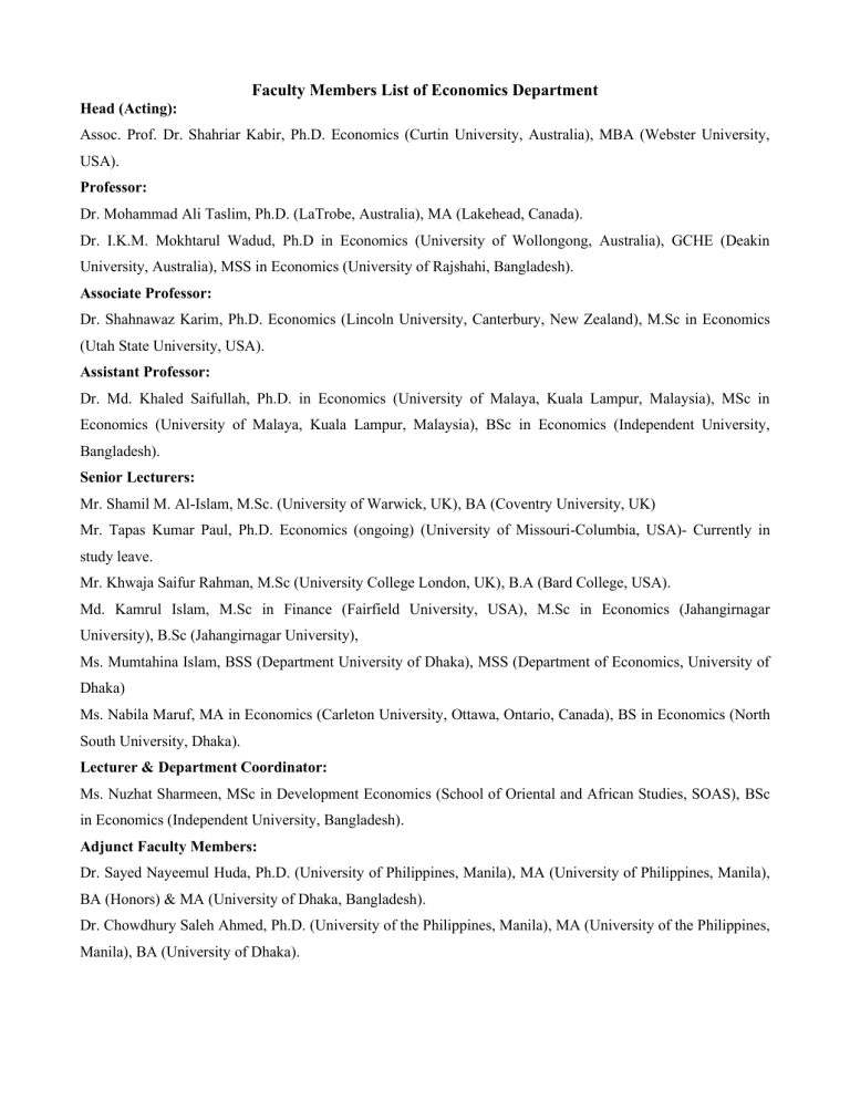Economics Department Faculty List