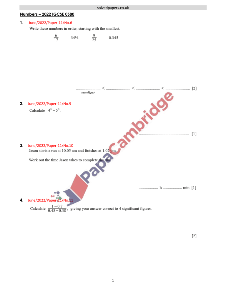 IGCSE Math Numbers Exam Paper - June 2022
