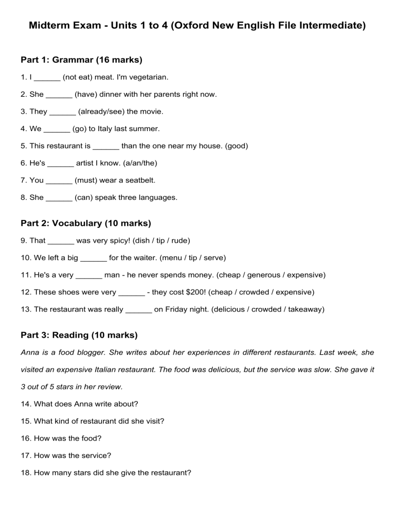 English Midterm Exam: New English File Intermediate