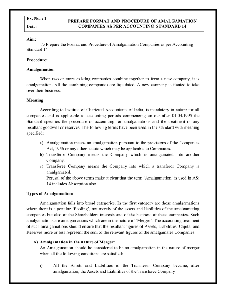 Amalgamation of Companies: Format & Procedure (AS 14)