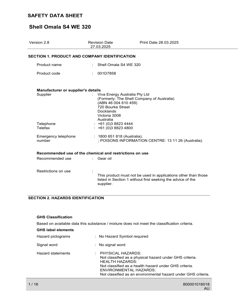 Shell Omala S4 WE 320 SDS: Gear Oil Safety Data