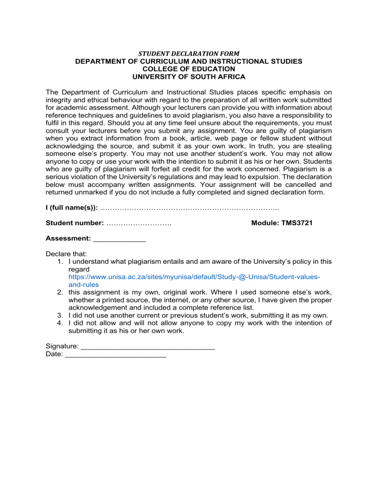 Student Declaration Form - Academic Integrity