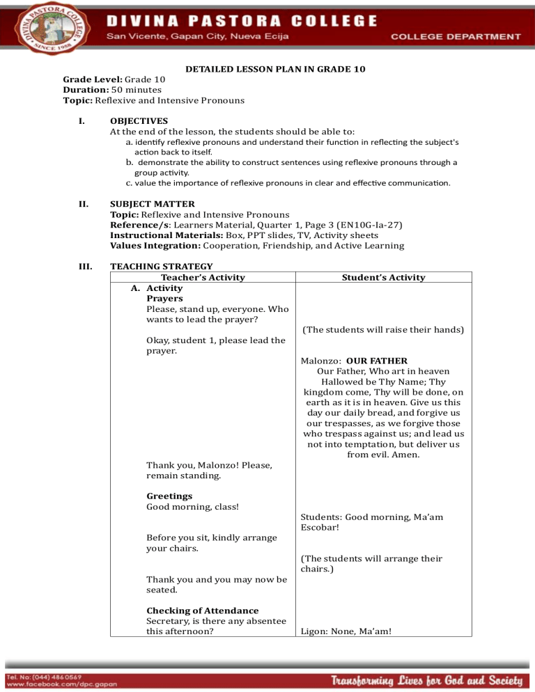 Grade 10 English Lesson Plan: Reflexive & Intensive Pronouns