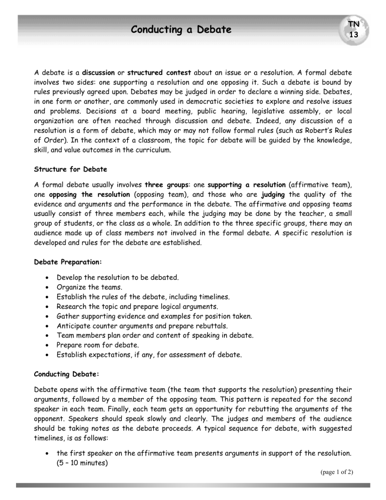 Conducting a Debate: Classroom Guide & Structure