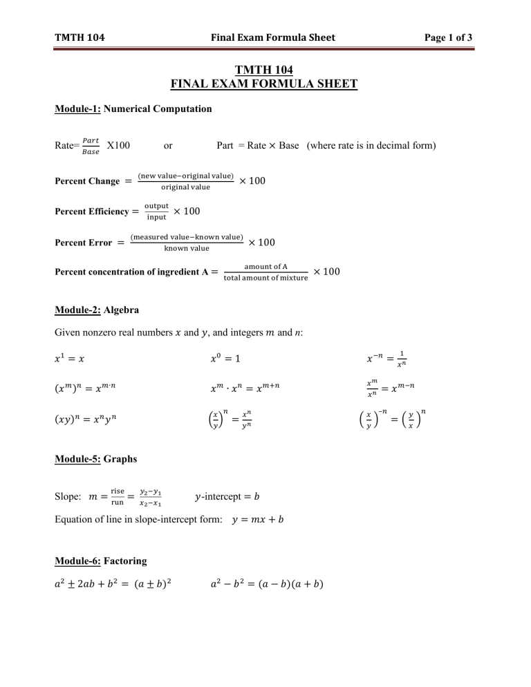 TMTH 104 Final Exam Formula Sheet