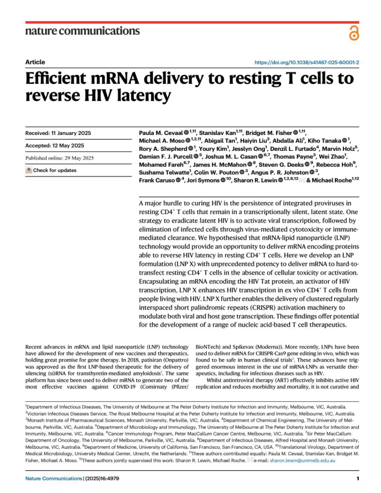 mRNA Delivery to T Cells for HIV Latency Reversal