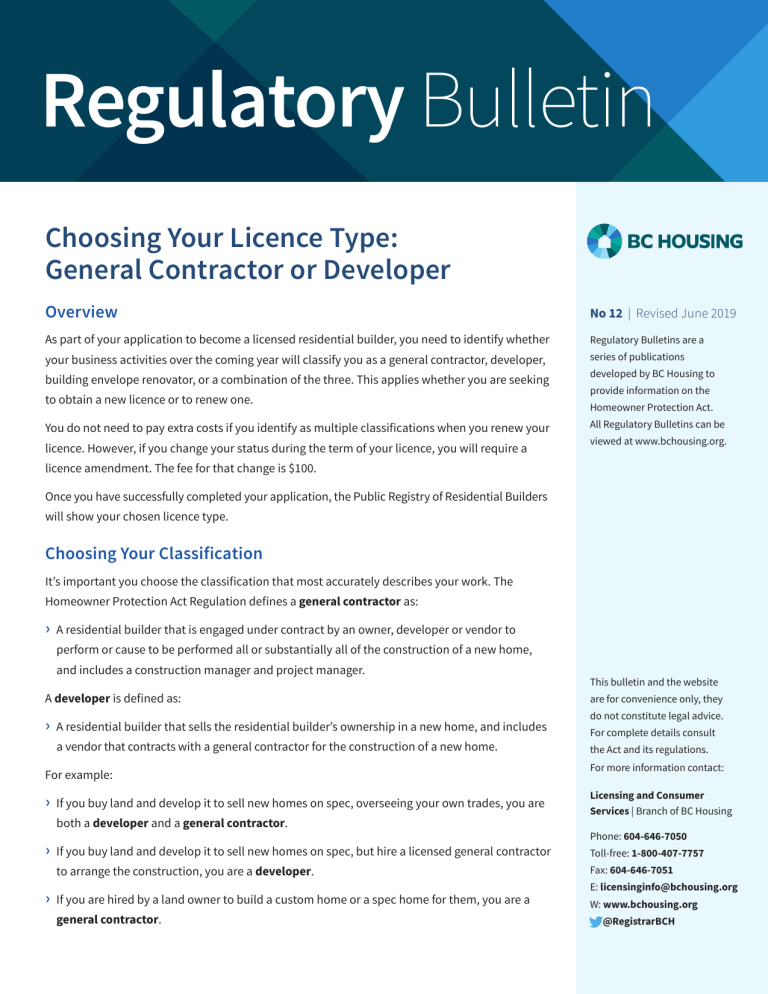 BC Housing: General Contractor vs. Developer Licence