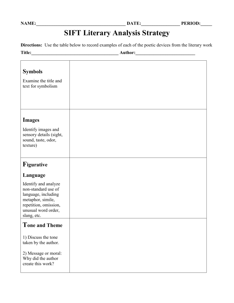 Poetry & Rhetorical Analysis Worksheet: SIFT & SOAPStone