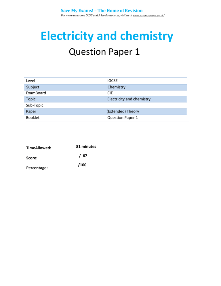 IGCSE Chemistry: Electricity & Chemistry Question Paper