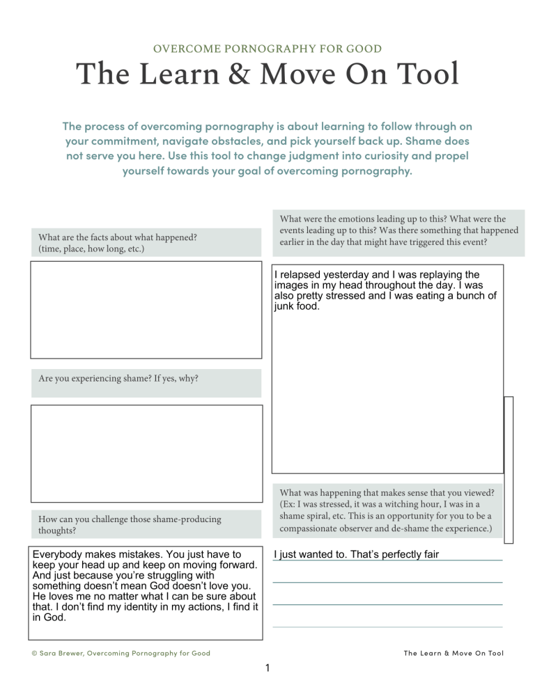 Overcoming Pornography: Learn & Move On Worksheet