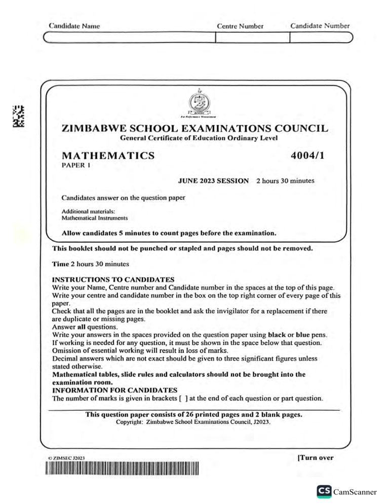 Mathematics Exam Paper - GCE Ordinary Level