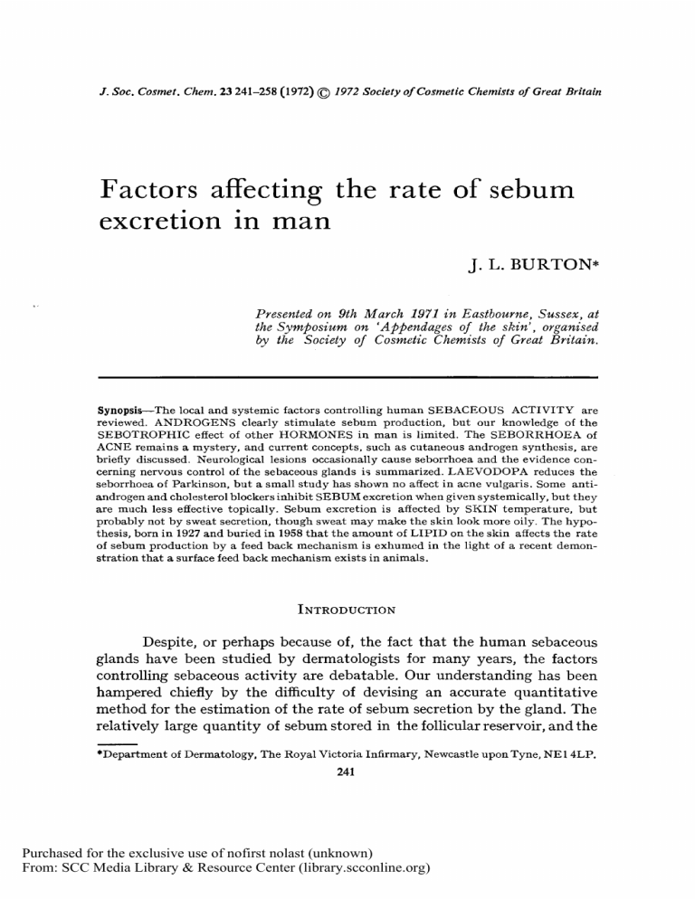 Sebum Excretion Factors in Man: A Dermatology Study