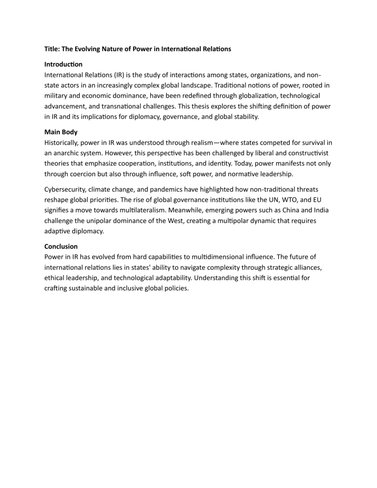 Power in International Relations: An Evolving Definition