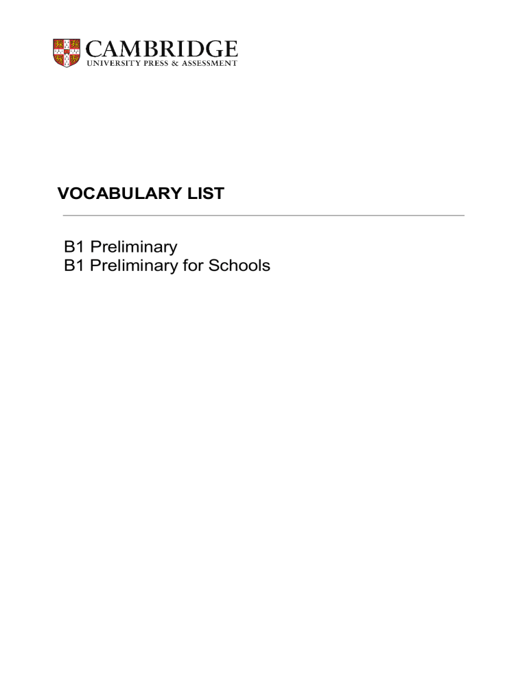 B1 Preliminary Vocabulary List | Cambridge English