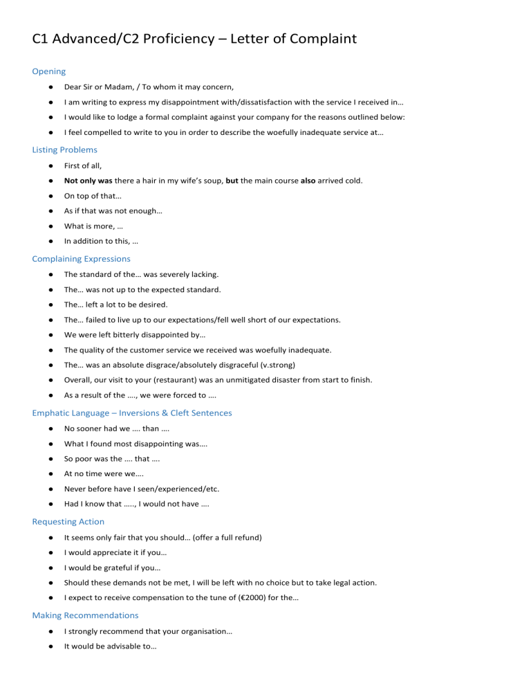 C1 Advanced/C2 Proficiency Letter of Complaint Writing Guide
