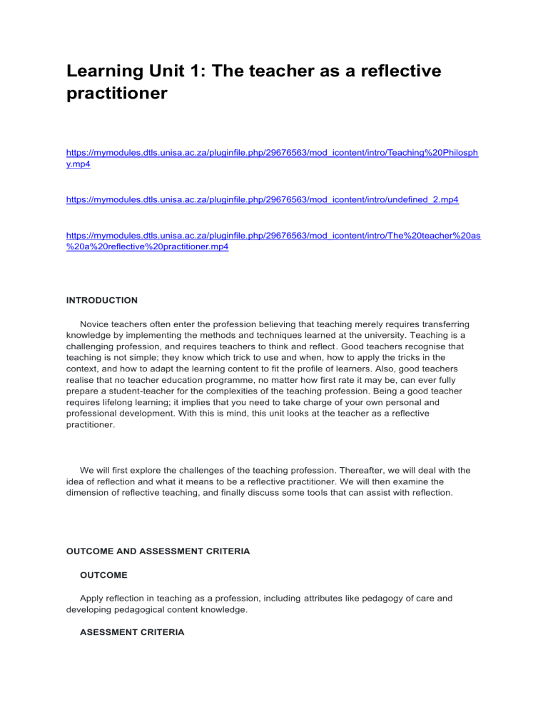 Learning Unit 1: The Teacher as a Reflective Practitioner - Pedagogy