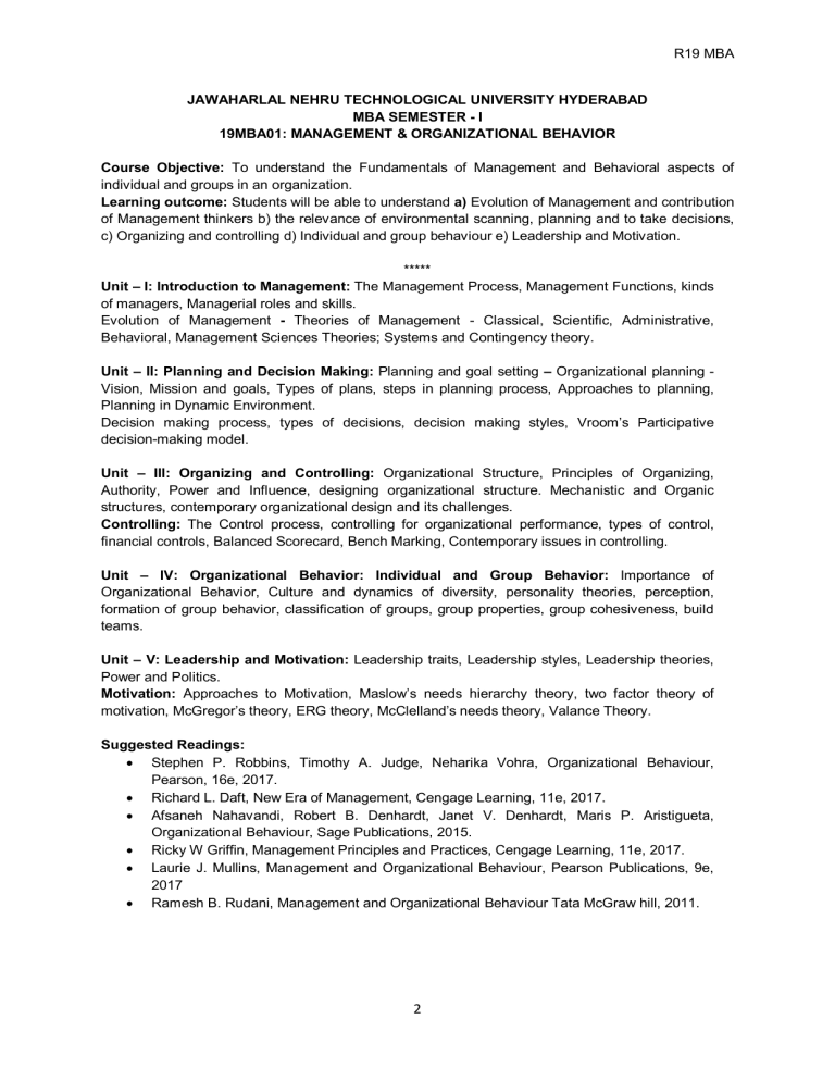 MBA Management & Organizational Behavior Syllabus - JNTU Hyderabad