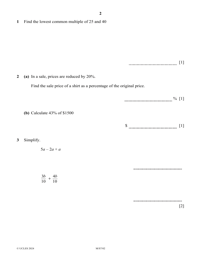 Middle School Math Test: LCM, Percentages, Algebra & Geometry