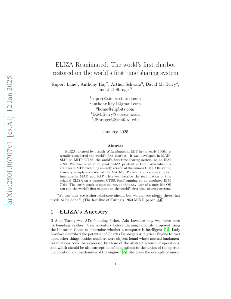 ELIZA Reanimated: First Chatbot on Time-Sharing System