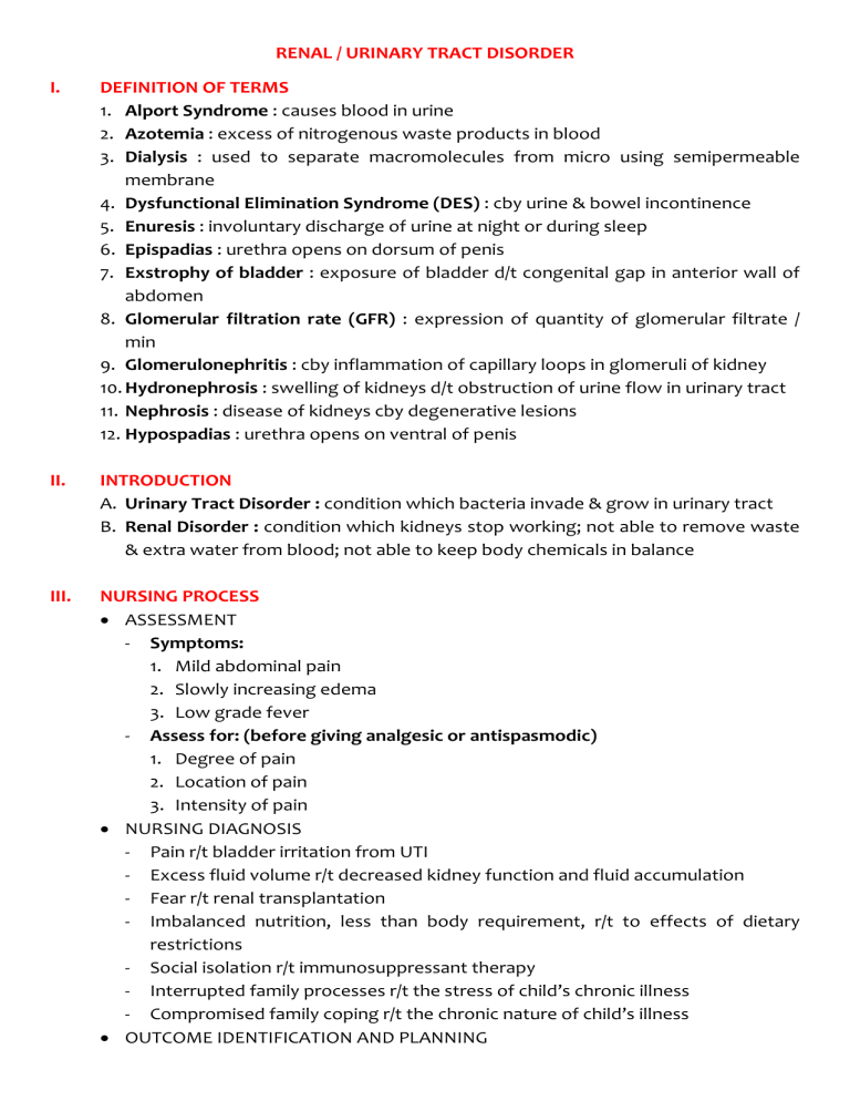Renal & Urinary Tract Disorders: Study Guide